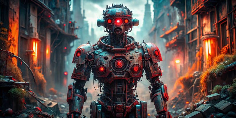 A Futuristic SciFi Landscape Features a Damaged Red Robot with Glowing ...