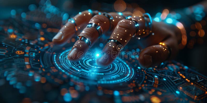 A Futuristic Screen Displays a Robotic Hand Pressing a Button Stock ...