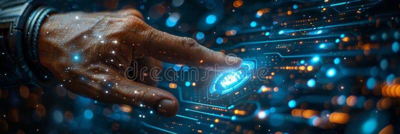 On a Futuristic Screen, a Hand is Pushing a Button Stock Illustration ...
