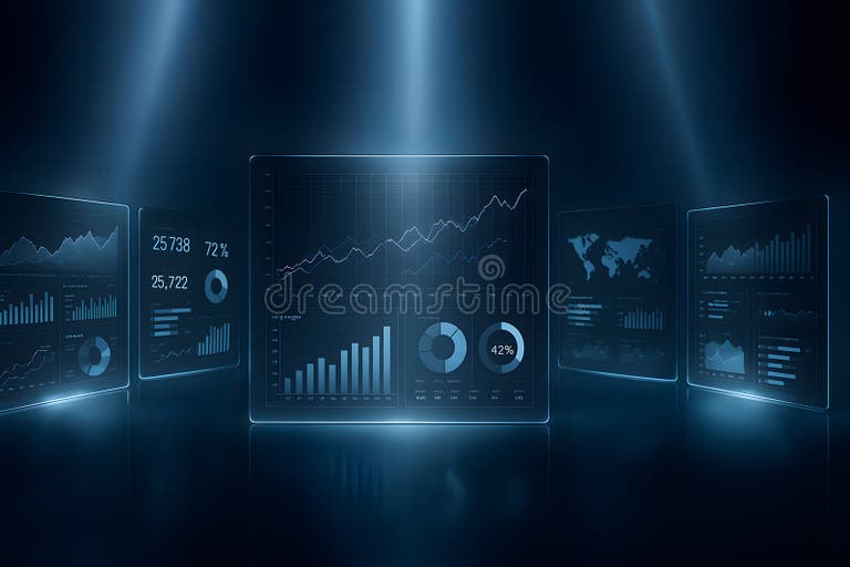 Futuristic Screens Display a Dark Blue Interface with Various Data ...