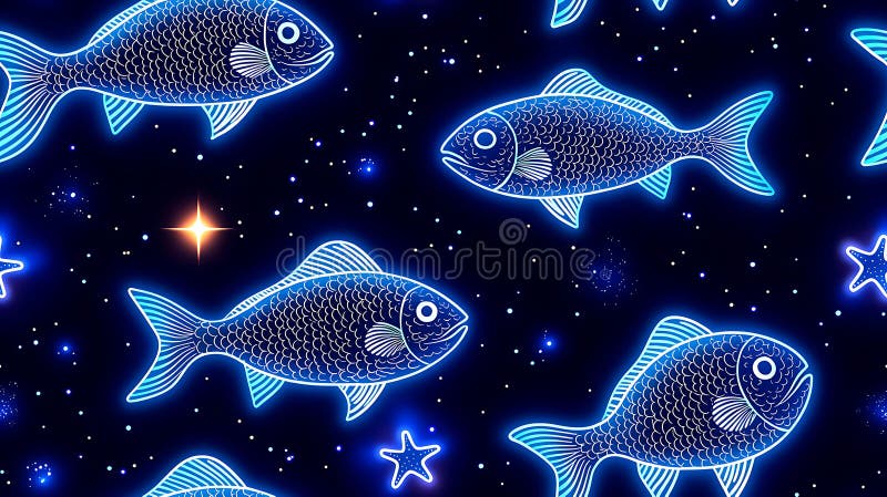 Futuristic Seamless Pattern Featuring Glowing Neon Fish in Space, Stars ...