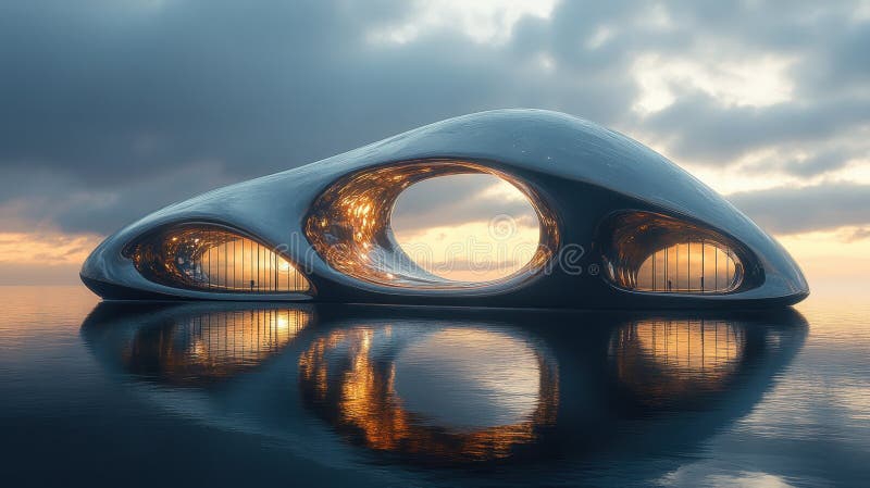 Futuristic Seaside Architecture with Reflective Water Surface. Space ...