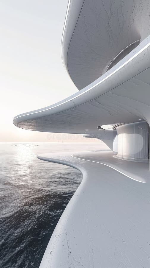 Futuristic Seaside Building with Curved Architecture, Panoramic View ...