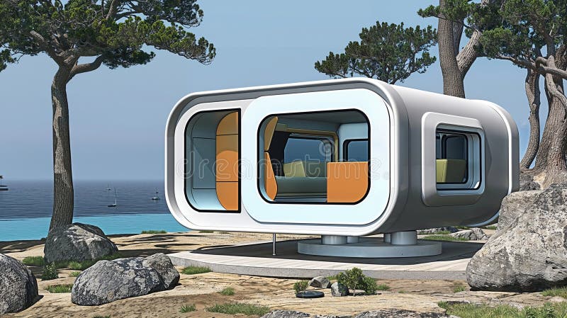 Futuristic Seaside Pod House Amidst Coastal Trees and Rocks Stock Photo ...