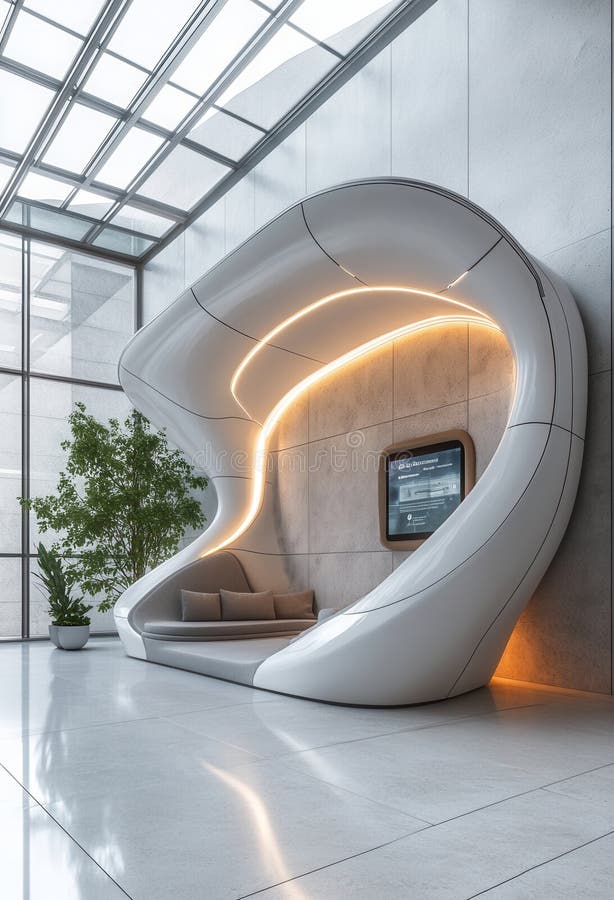 Futuristic Seating Lounge with Modern Lighting and Interactive Display ...