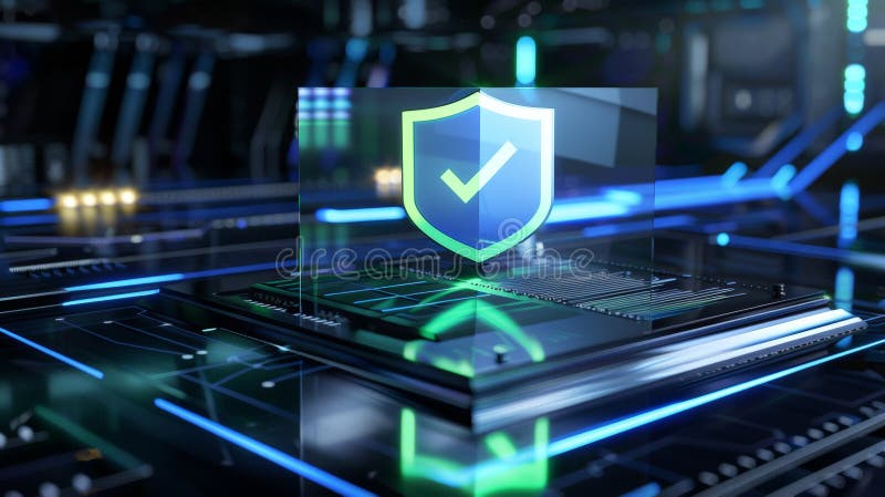 Futuristic Security: Blue Holographic Shield with Green Check Mark ...