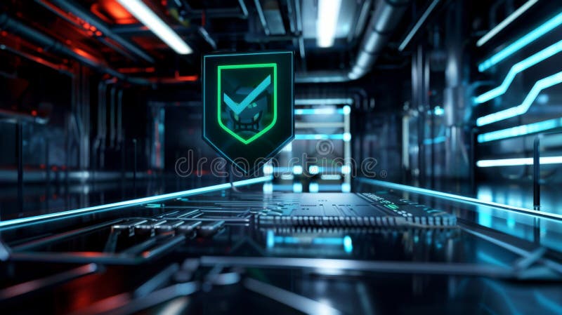 Futuristic Security: Blue Holographic Shield with Green Check Mark ...