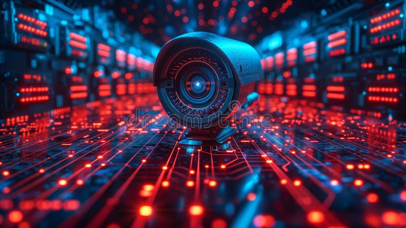 Futuristic Security Camera on a Circuit Board with Red Lights Stock ...