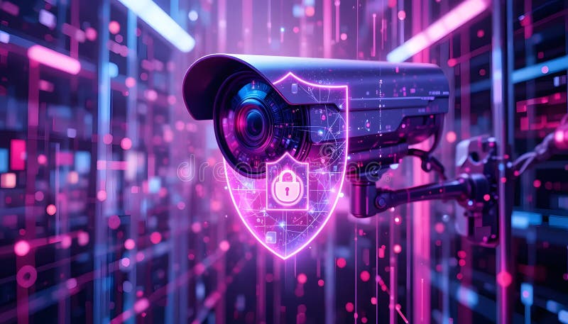 Futuristic Security Camera Concept with Digital Shield and Lock Symbol ...
