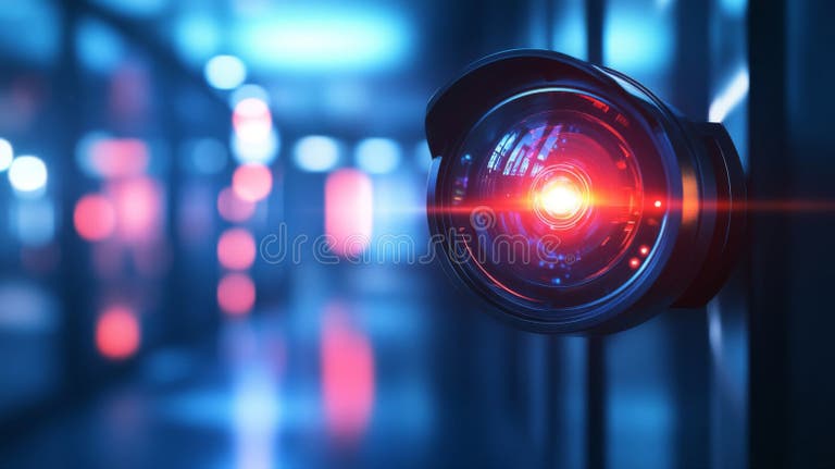 Futuristic Security Camera Lens Glowing Red in Dark Setting Stock ...
