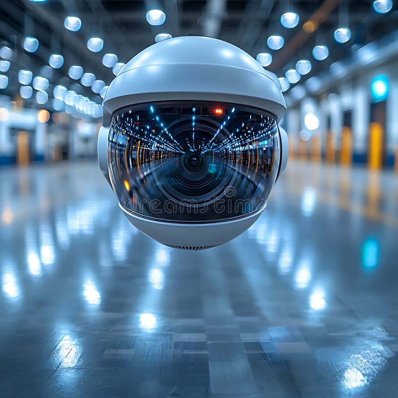 Futuristic Security Camera Lens Reflects a Modern Warehouse ...