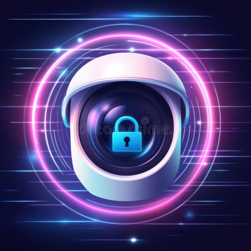 Futuristic Security Camera with a Lock Symbol, Surrounded by Neon ...