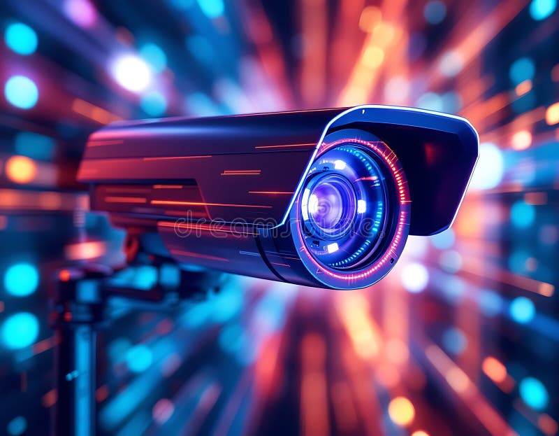 Futuristic Security Camera: Neon Lights and Sleek Design Stock ...