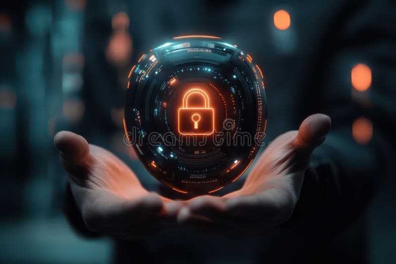 Futuristic Security Lock Glowing Orb in Hand Digital Protection Background Stock Illustration ...