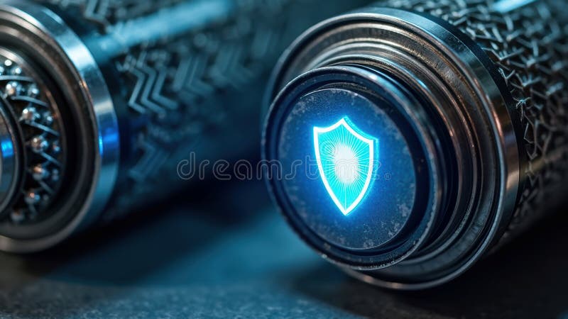 Futuristic Security Mechanism with Illuminated Shield Emblem Stock ...