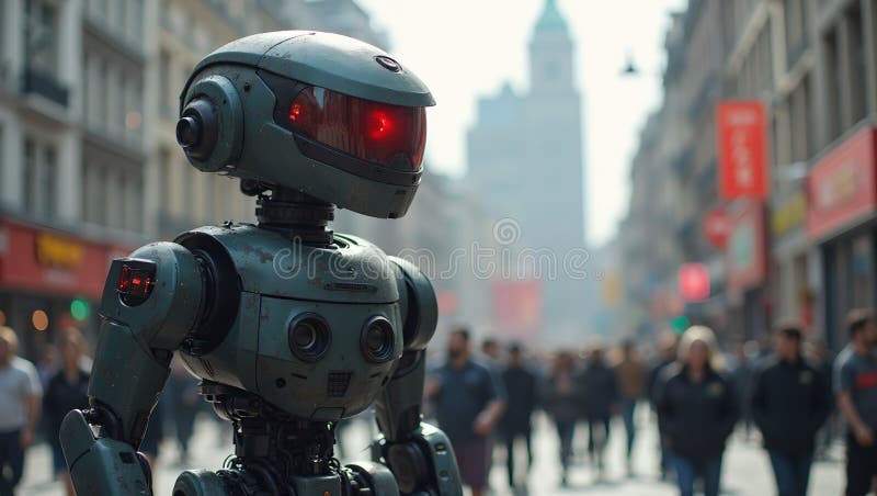 Futuristic Security Robot with Red Visor Patrolling City Square Stock ...