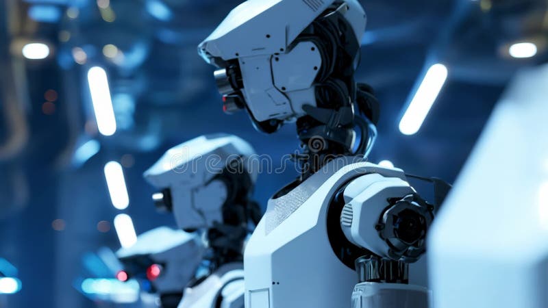 Futuristic Security Robot with Sensors and Red Camera Eyes in High-Tech ...