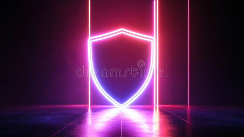 Futuristic Security Theme with Glowing Shield Symbol and Neon Lights ...