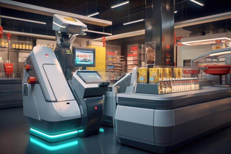Futuristic Self-checkout Station with Robot Assistant Stock ...
