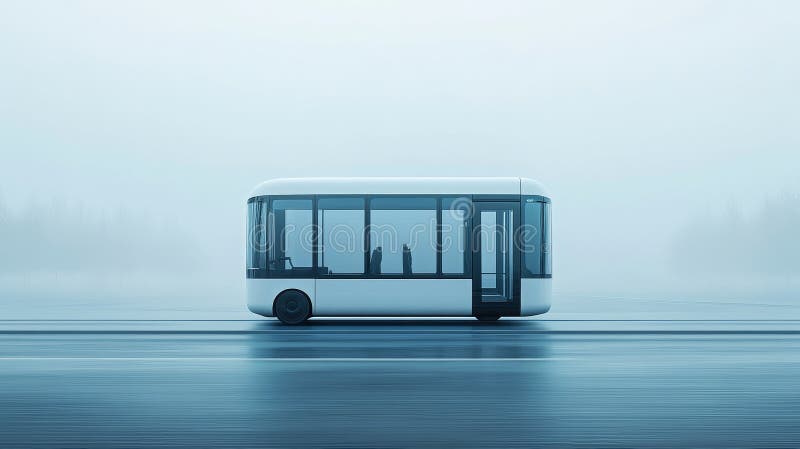 Futuristic Self-Driving Bus with Transparent Windows on a Misty Road ...