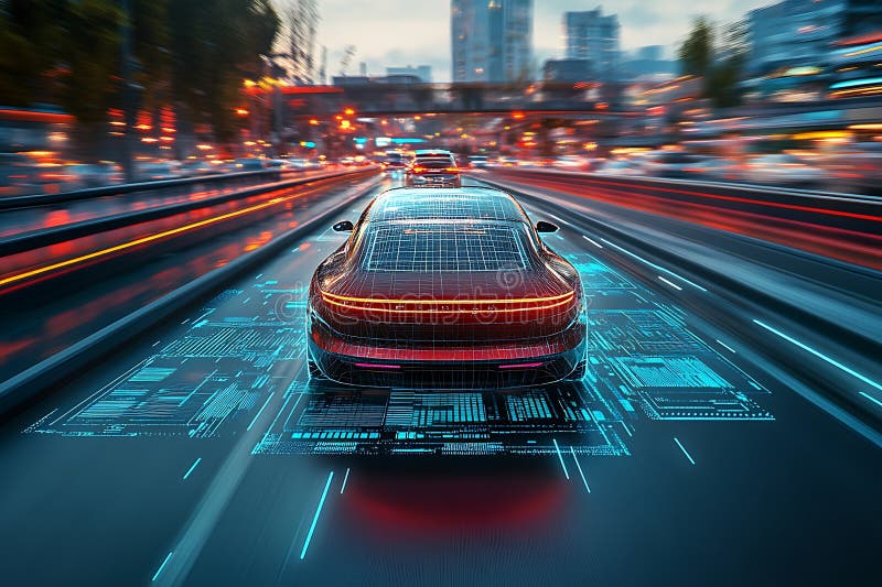 Futuristic Self Driving Car Driving on a Digital Highway at Night Stock ...