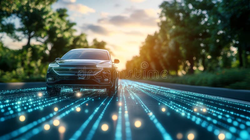 Futuristic Self-Driving Car on Smart Road Stock Photo - Image of ...