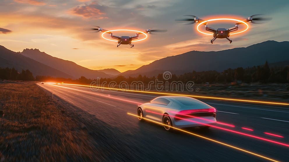 Futuristic Self-driving Car Trailed by Drones at Sunset Stock Photo ...