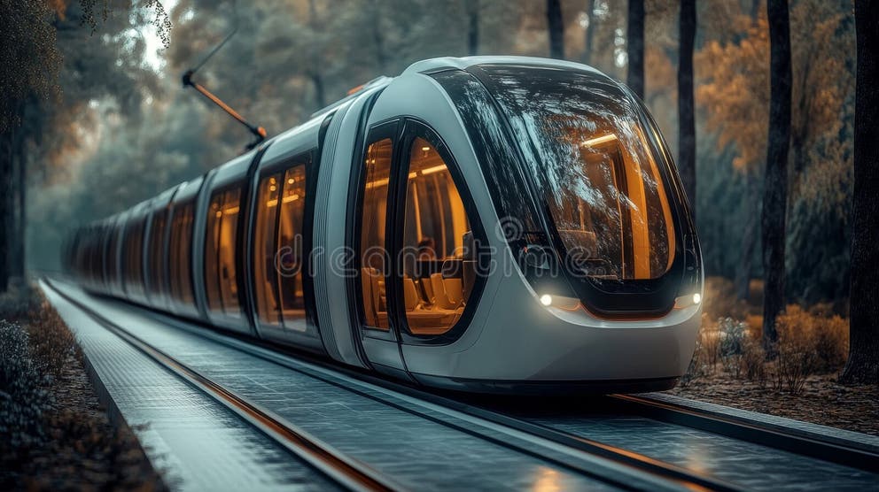 Futuristic Self-Driving Train with Panoramic Windows in Scenic Forest ...