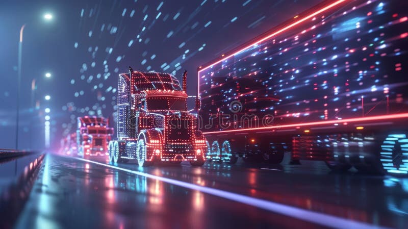 Futuristic Self Driving Trucks Moving on Highway at Night Stock Image ...