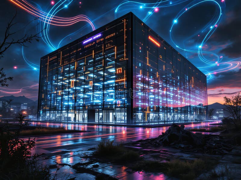 Futuristic Server Building with Data Streams Flowing at Night Stock ...