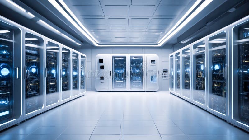 Futuristic Server in a Clean, Bright Room with Neon Light. Central Data ...