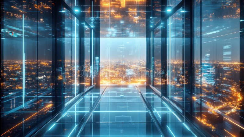 Futuristic Server Corridor with City View. Stock Illustration ...