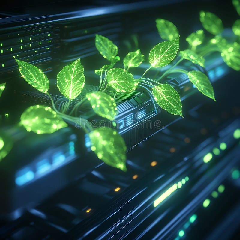Futuristic Server Rack with Holographic Leaves Growing on Cables ...