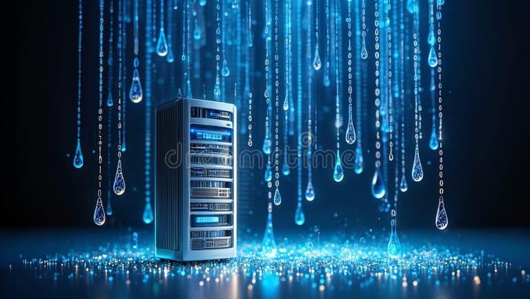 Futuristic Server Rack in Neon Blue Digital Data Rain Stock ...