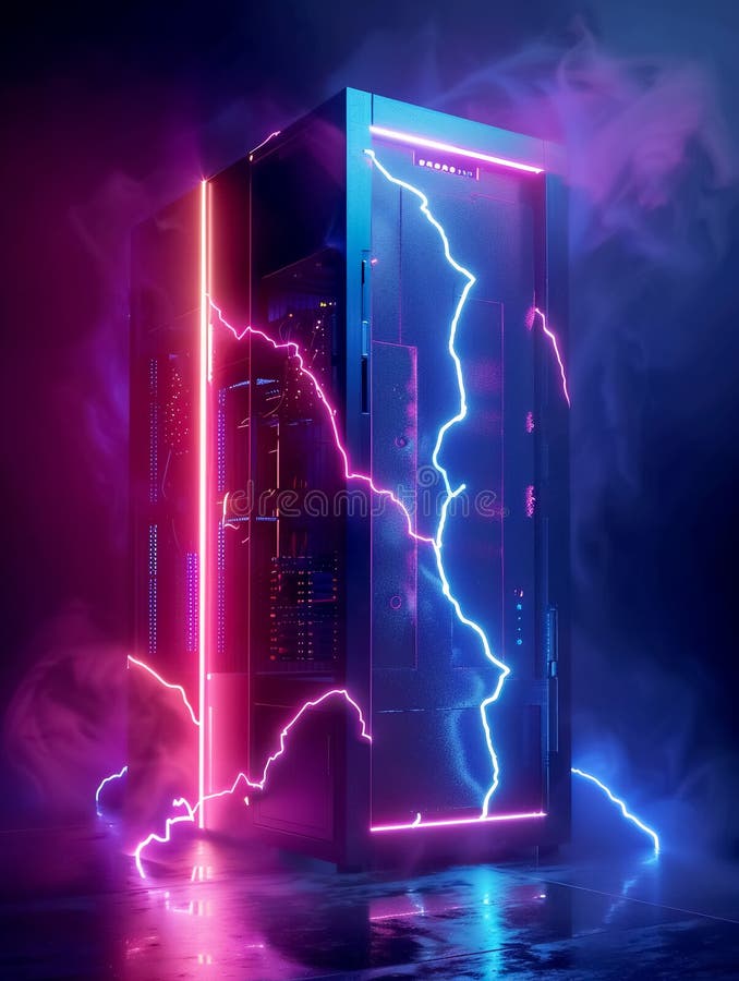 Futuristic Server Rack Illuminated with Neon Lights and Electric Arcs ...