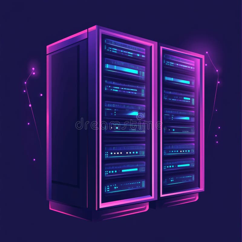 Futuristic Server Rack with Neon Lights and Digital Connections Stock ...