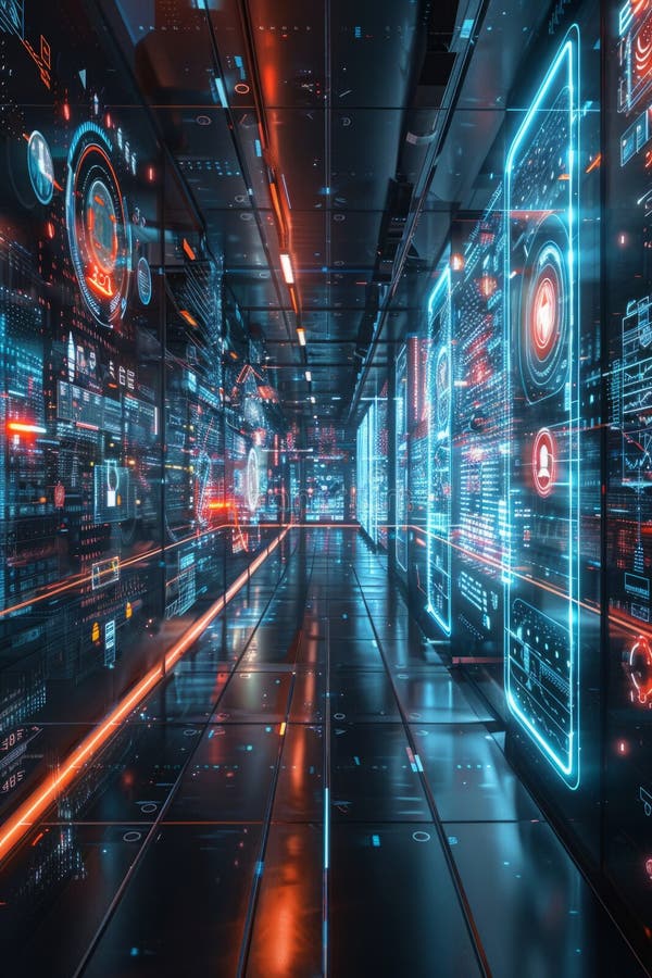 A Futuristic Server Room with Advanced Digital Displays and Interfaces ...