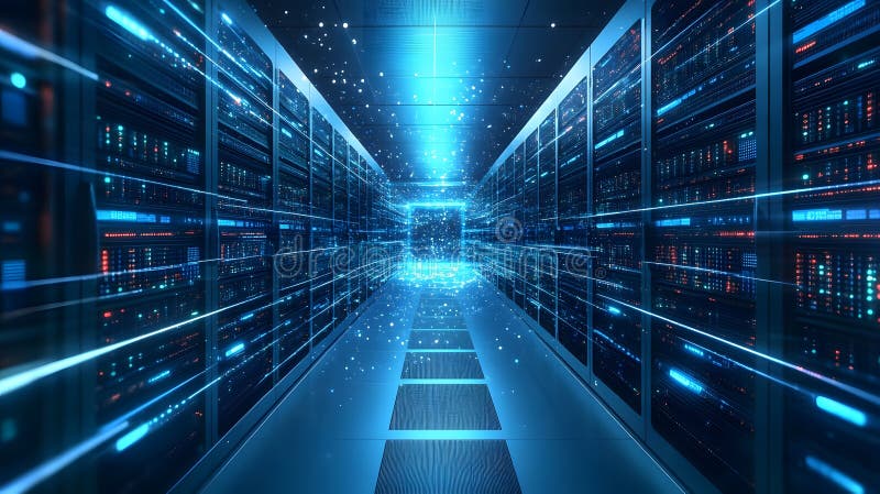 Futuristic Server Room with Blue Glowing Lights and Data Flow Stock ...