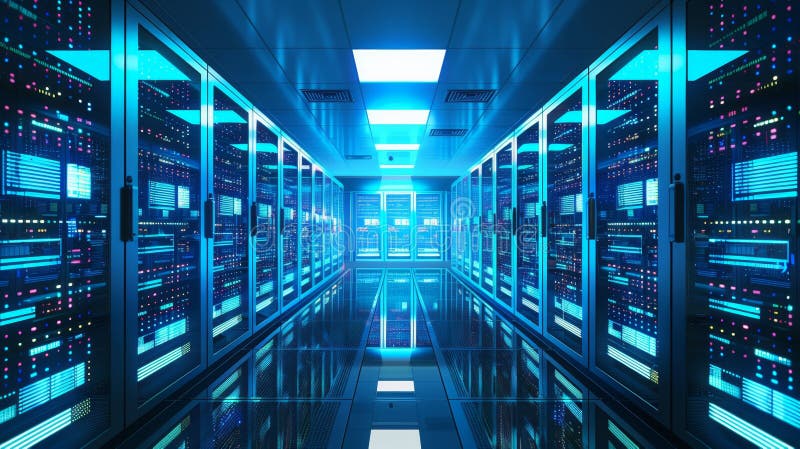 Futuristic Server Room with Blue LED Lighting in Data Center Stock ...