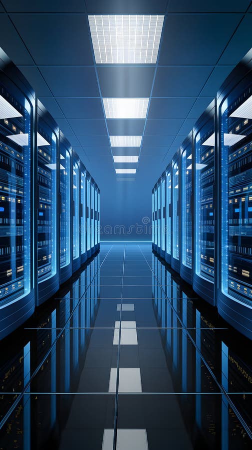Blue Lit Server Room with Electronic Racks and Mirrored Floor ...