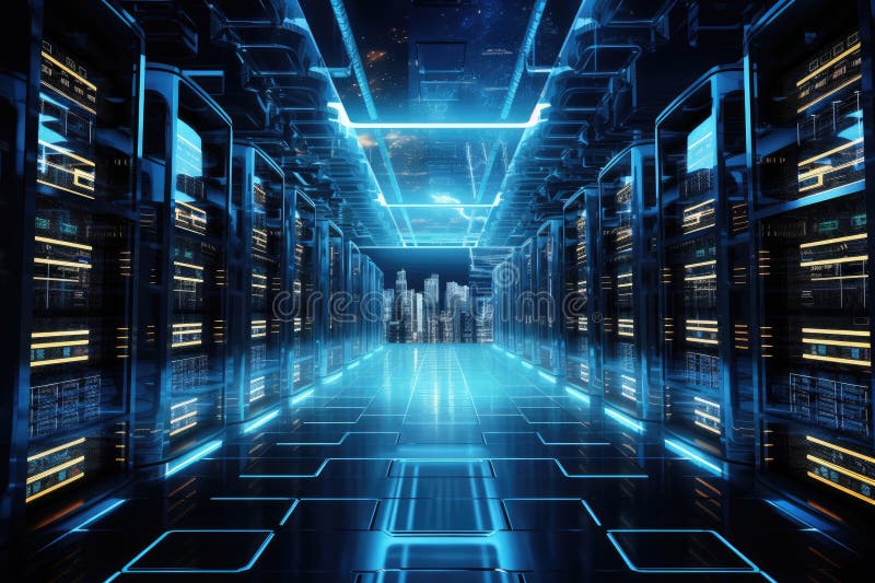Futuristic Server Room with Blue Neon Lights. 3d Rendering, it Server ...