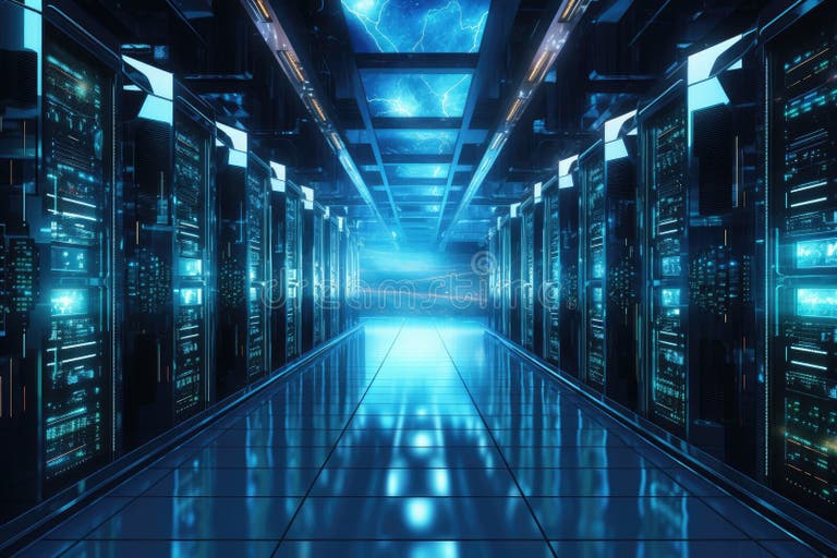 Futuristic Server Room with Bright Blue Lights. 3D Rendering, it Server ...