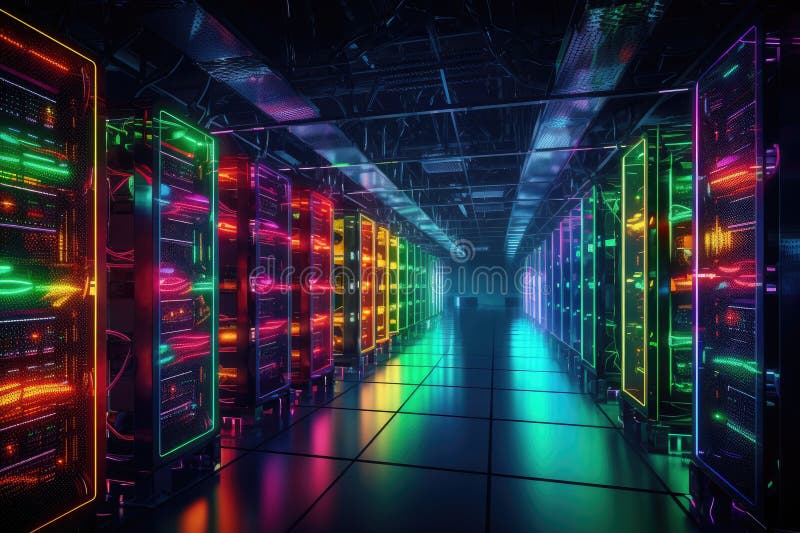 Futuristic Server Room with Bright Glowing Neon Lights. 3D Rendering ...