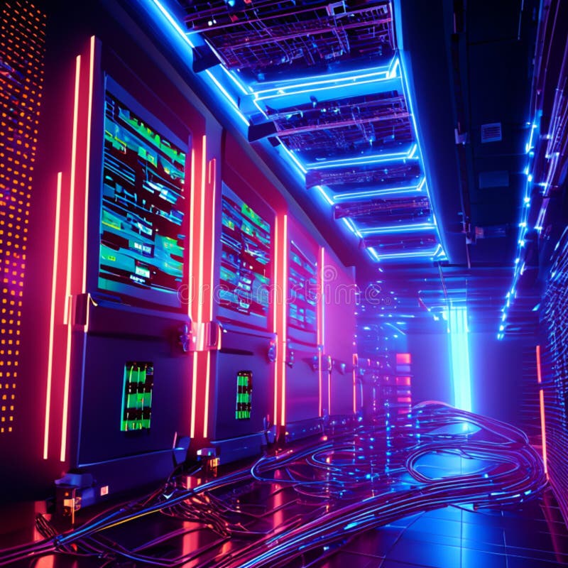 Futuristic Server Room with Bright Neon Lights. 3d Rendering AI ...