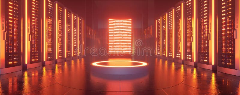 Futuristic Server Room with Bright Orange Neon Lights and High-tech ...