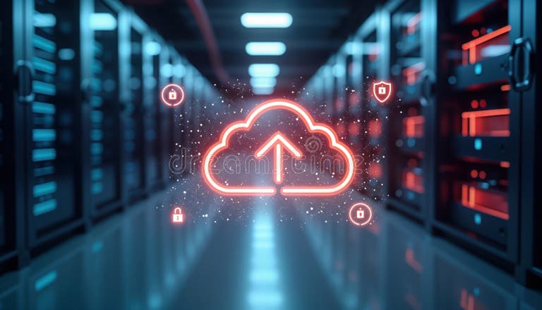 Futuristic Server Room Cloud Backup Concept. Data Transfer Process Visualized with Glowing Cloud ...