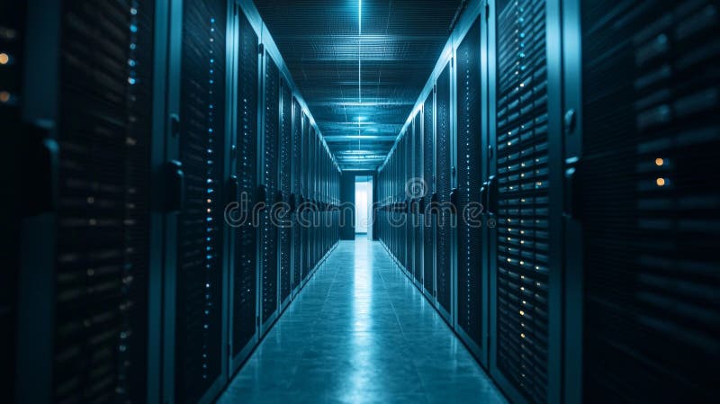Futuristic Server Room Corridor with Blue Lighting and Data Servers ...