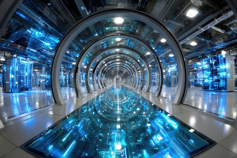 Futuristic Server Room Corridor Glowing Blue Digital Data Center Stock ...