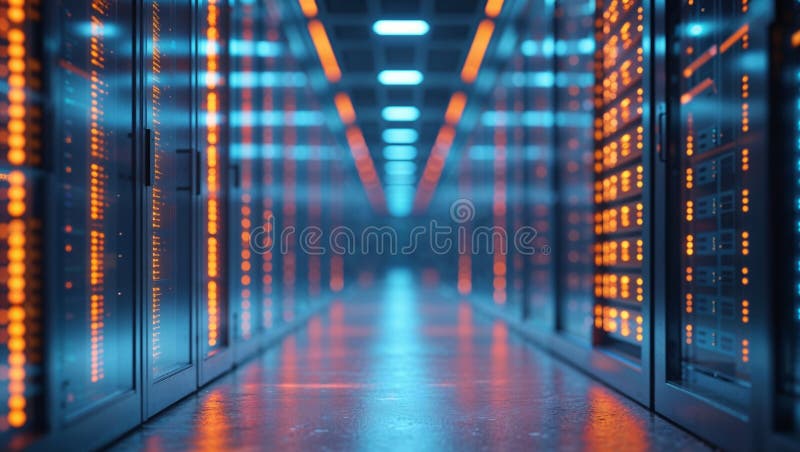 Futuristic Server Room with Glowing Blue and Orange Data Streams Stock Image - Image of ...