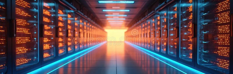 Futuristic Server Room Corridor Digital Art Blue Orange Glow Technology ...